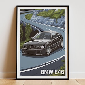 BMW M3 E46 Poster Drawing Art - Black Classic Sports Car Art Print Wall Decor, Perfect Gift for ...