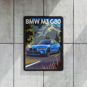 BMW M3 G80 Blue Illustration Poster, Modern Car Art Print, Stylish Wall ...