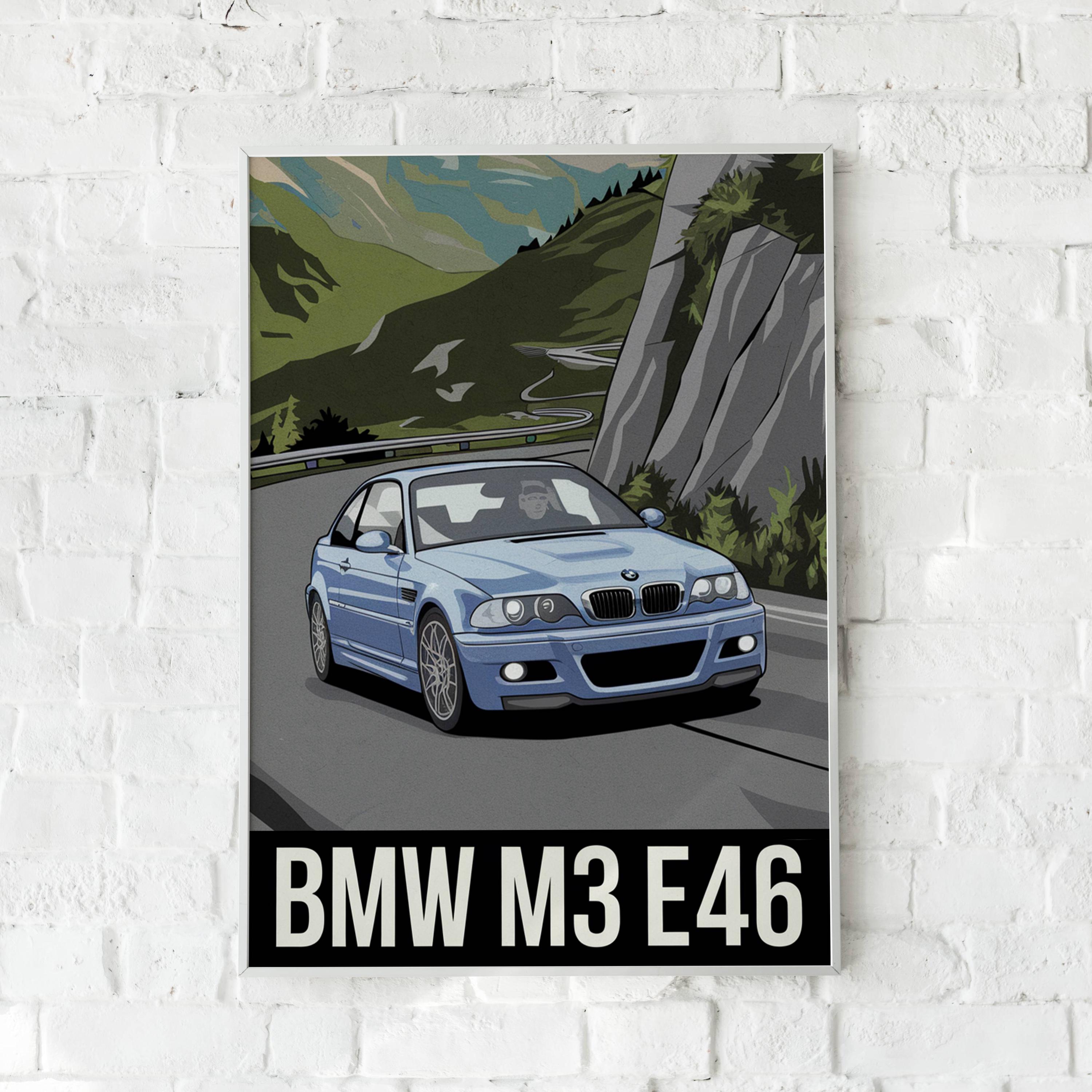 BMW M3 E46 Poster Drawing Art - Blue Classic Sports Car Art Print Wall ...