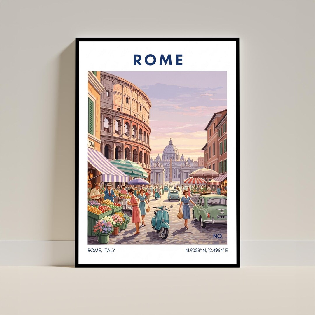 Rome Travel Poster - Italy Roman Art Print Illustration, Retro Wall Art ...