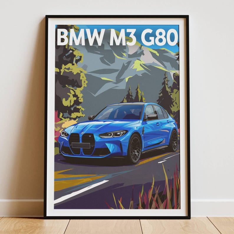 BMW M3 G80 Blue Illustration Poster, Modern Car Art Print, Stylish Wall ...