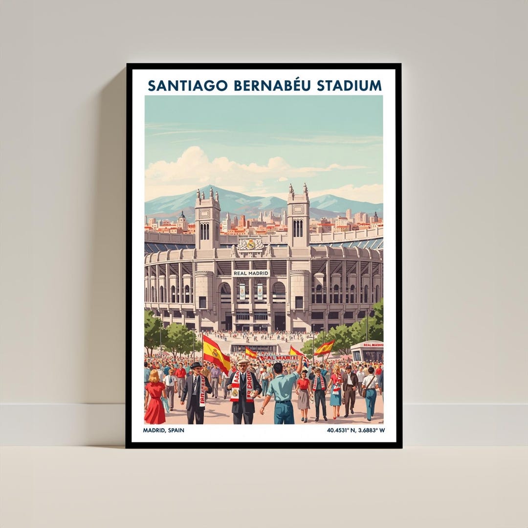 Santiago Bernabéu Stadium Poster – Vintage Illustration Madrid Soccer ...