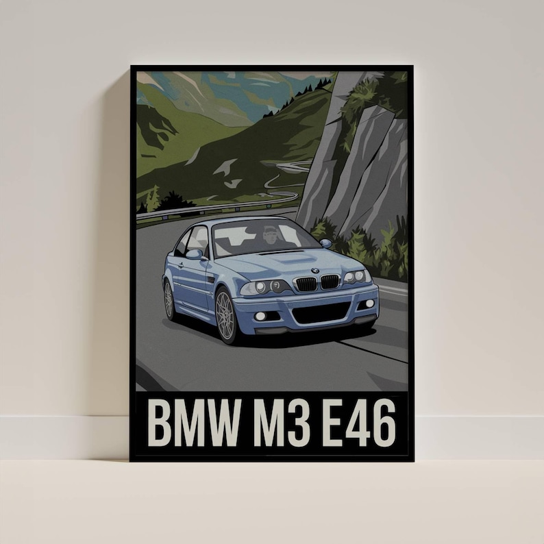 BMW M3 E46 Poster Drawing Art - Blue Classic Sports Car Art Print Wall Decor, Perfect Gift for ...