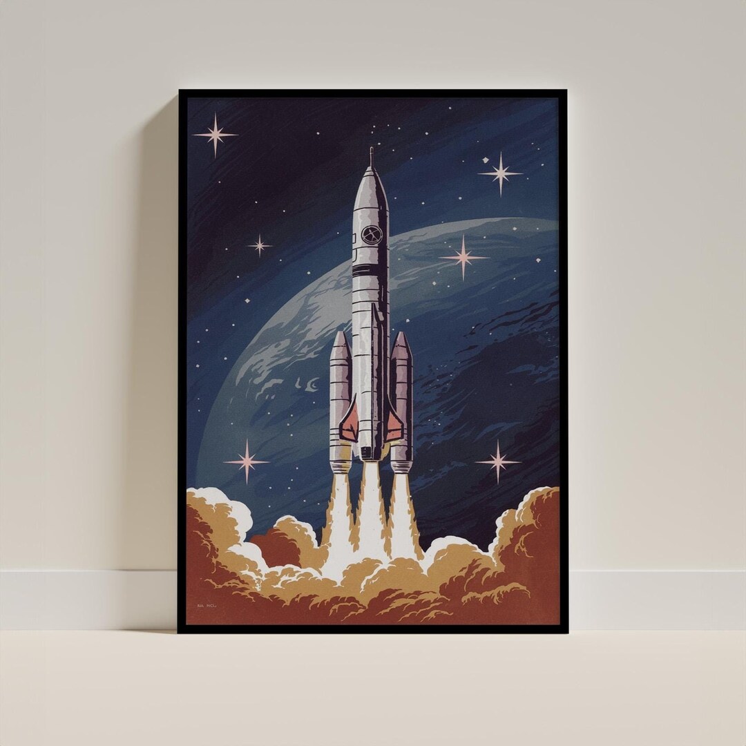 Retro Rocket Ship Launch Poster | Vintage Space Exploration Wall Art ...