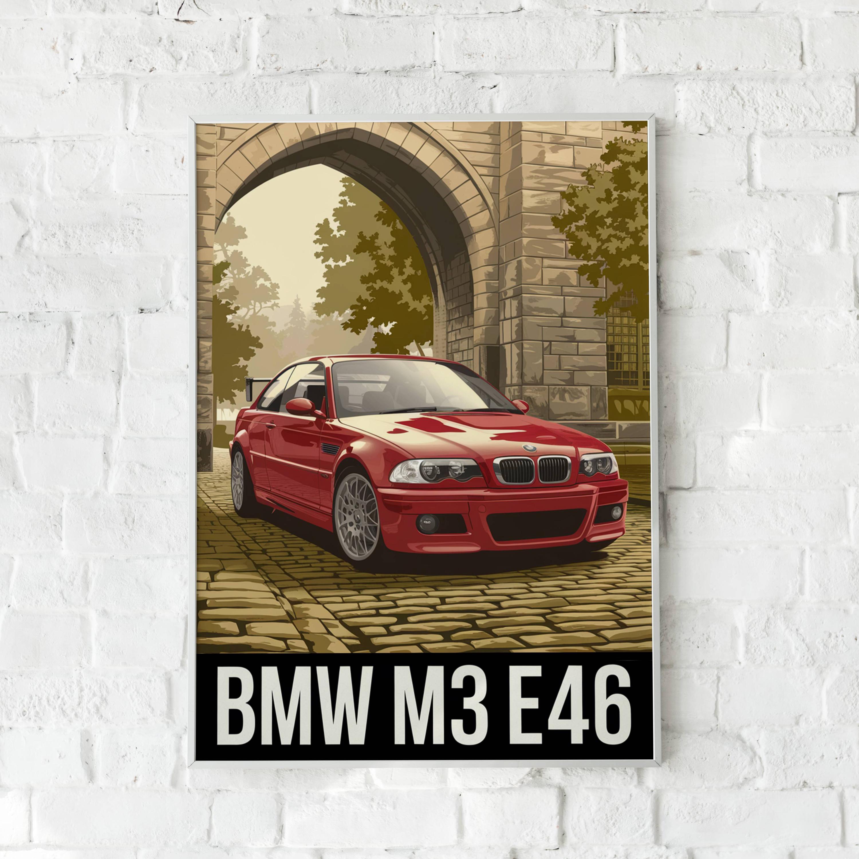 BMW M3 E46 Poster Drawing Art - Red Classic Sports Car Art Print Wall ...