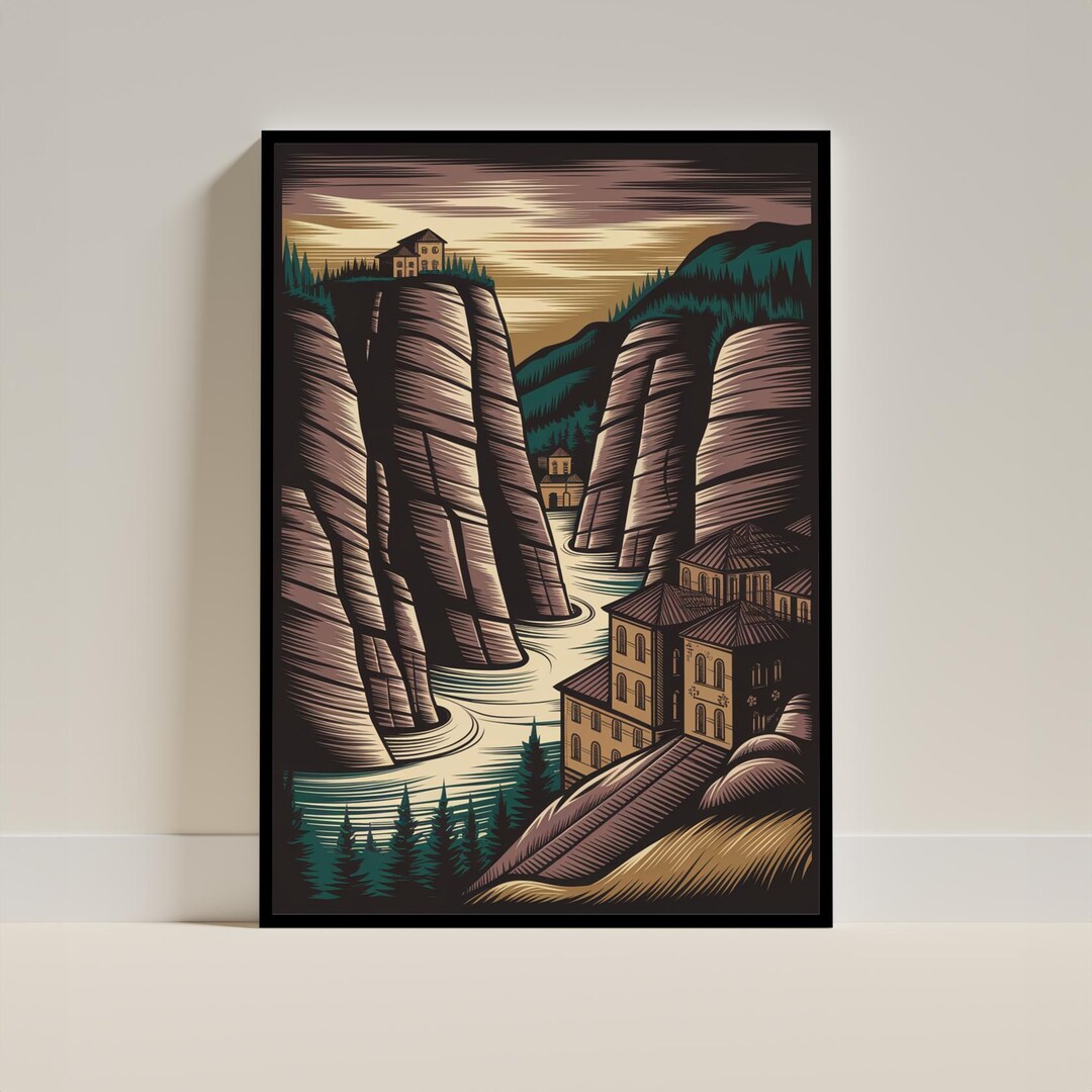 Meteora Greece Woodblock Print Style Travel Poster | Orthodox ...