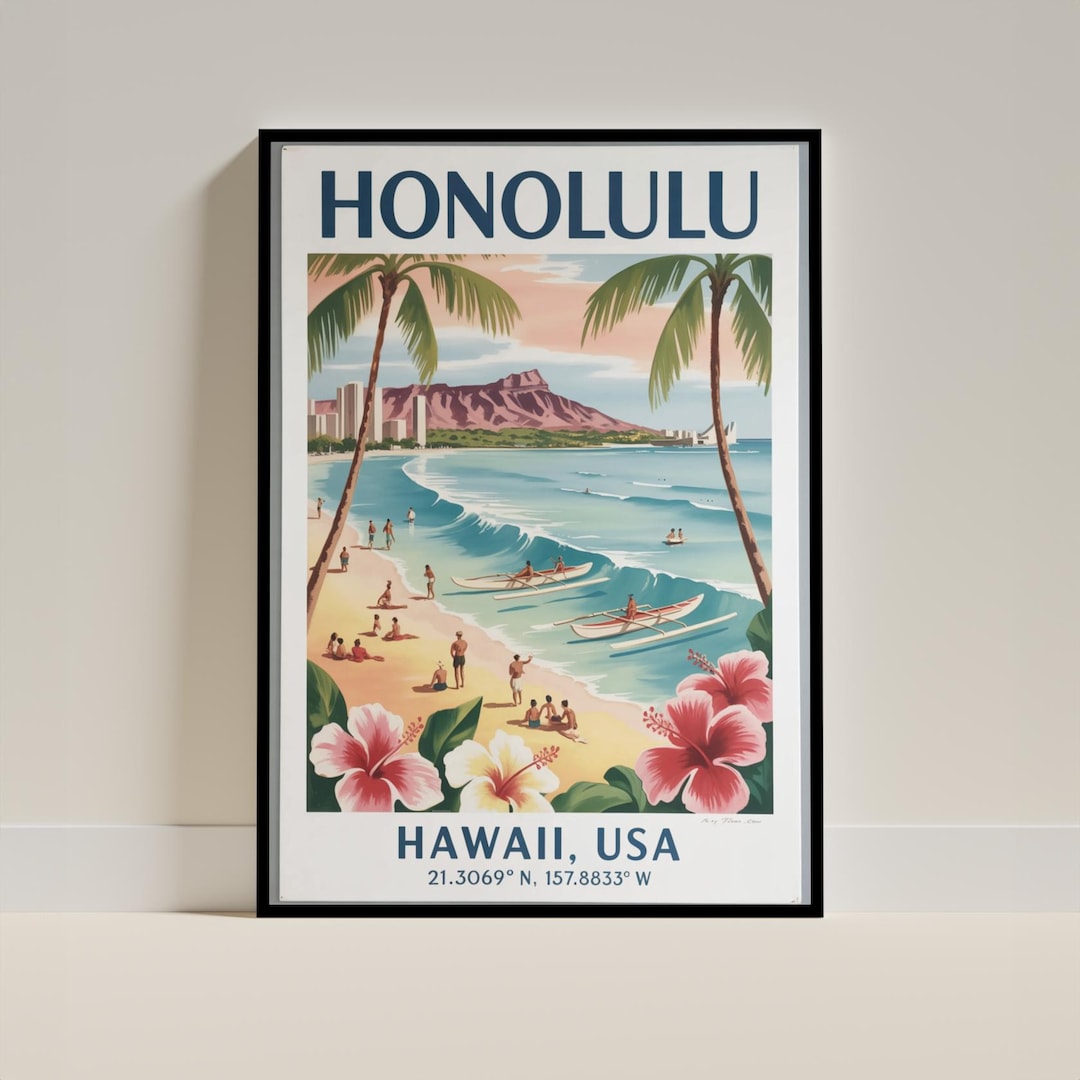 Honolulu Hawaii Travel Poster | Diamond Head Waikiki Beach Wall Art ...