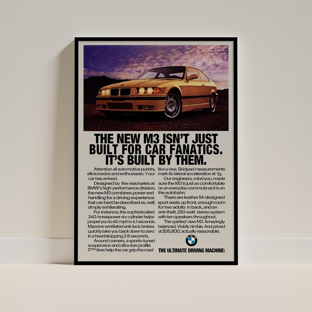 BMW M3 Poster Advert Vintage Classic Retro Art Print, Wall Decor, Man Cave Decor, Garage Art ...