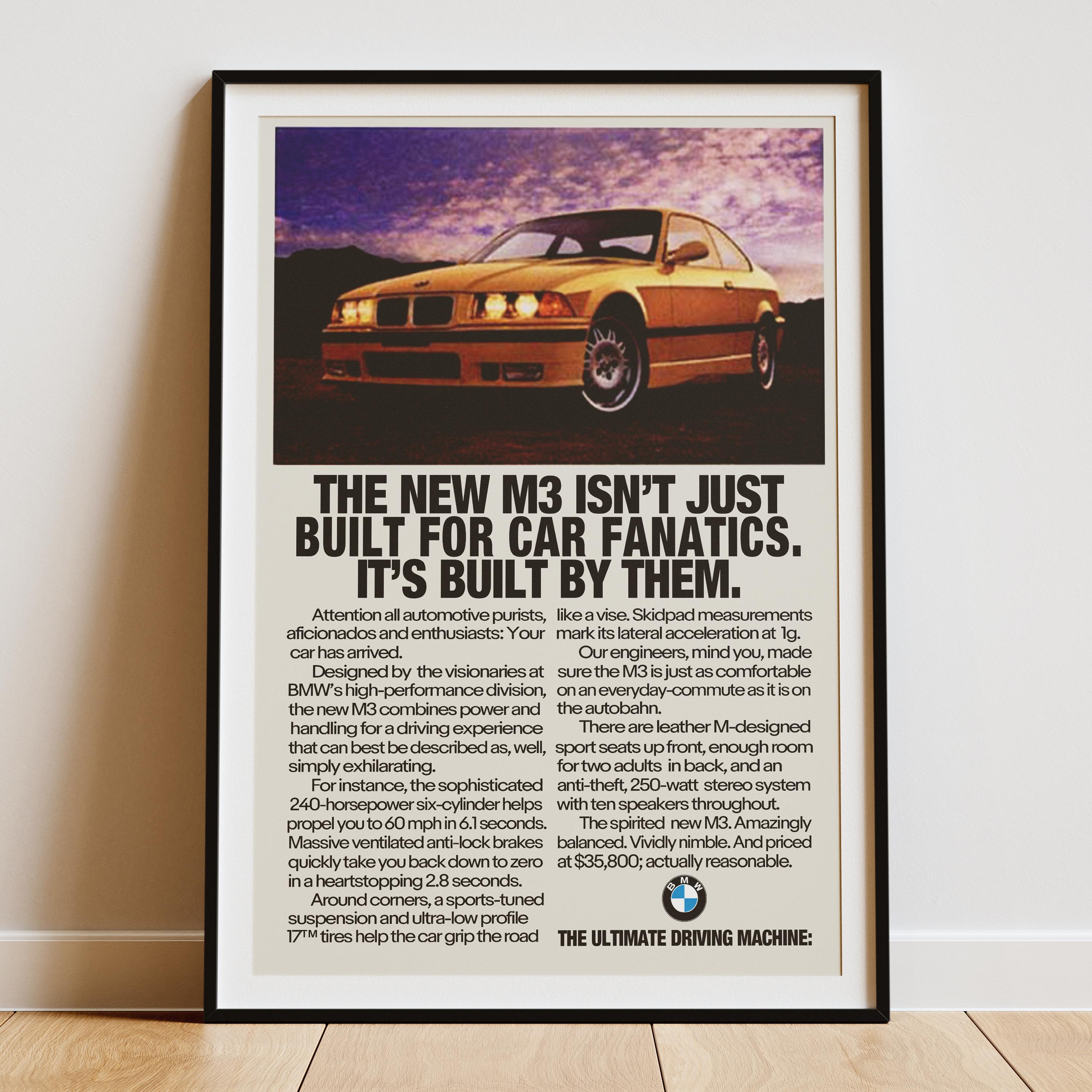 BMW M3 Poster Advert Vintage Classic Retro Art Print, Wall Decor, Man ...
