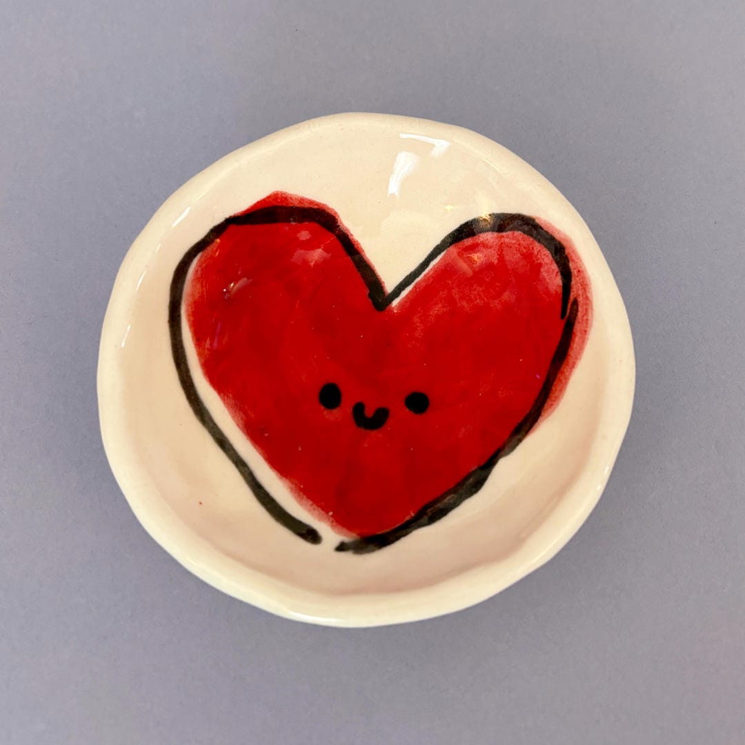 Red Heart With Smiley Face Trinket Dish. Handmade Ceramic Small Ring ...