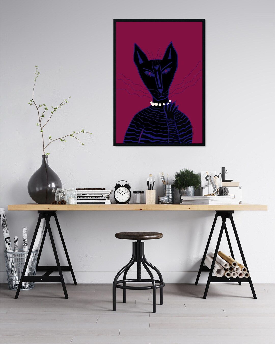 Modern Abstract Black Cat Printable Art, Hand Drawn Cat Poster, Feline ...