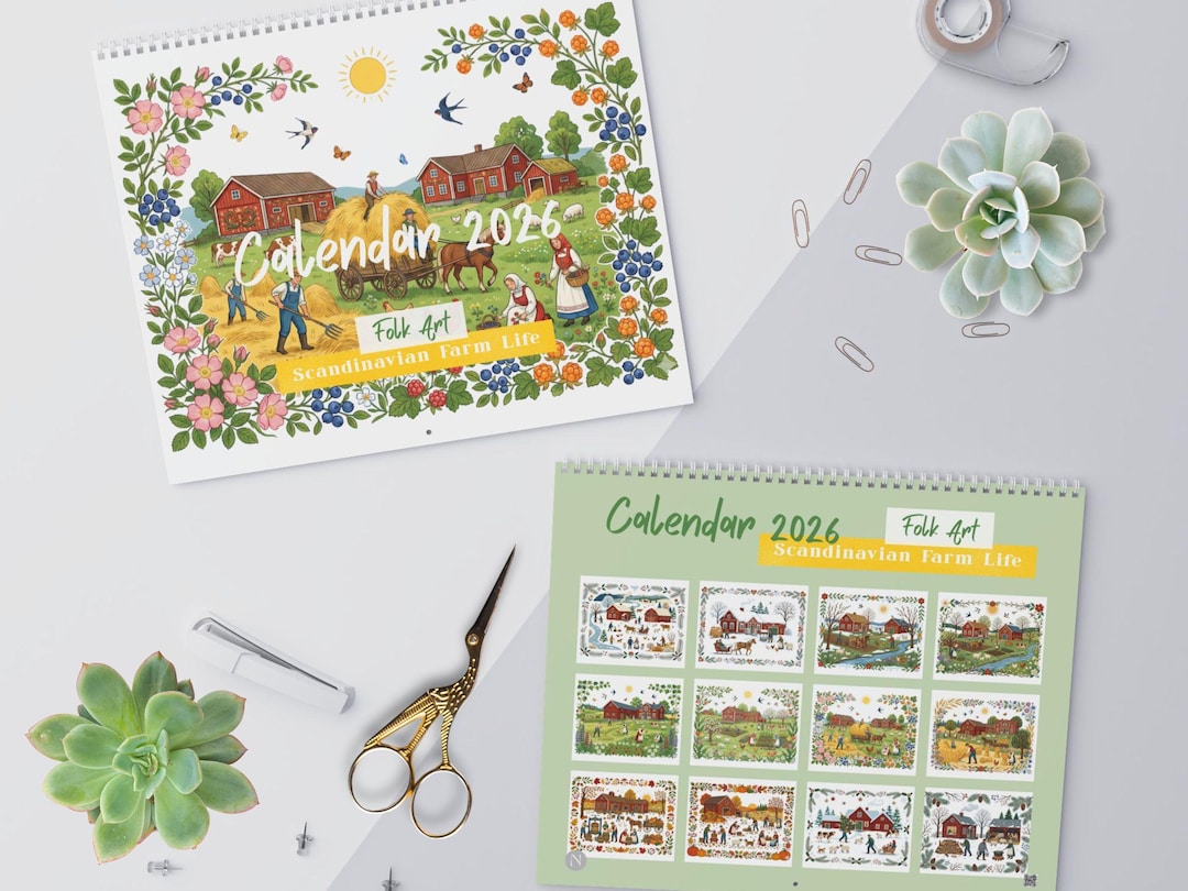 2026 Wall Calendar Folk Art Scandinavian Farm Life, Nordic Swedish Folk ...