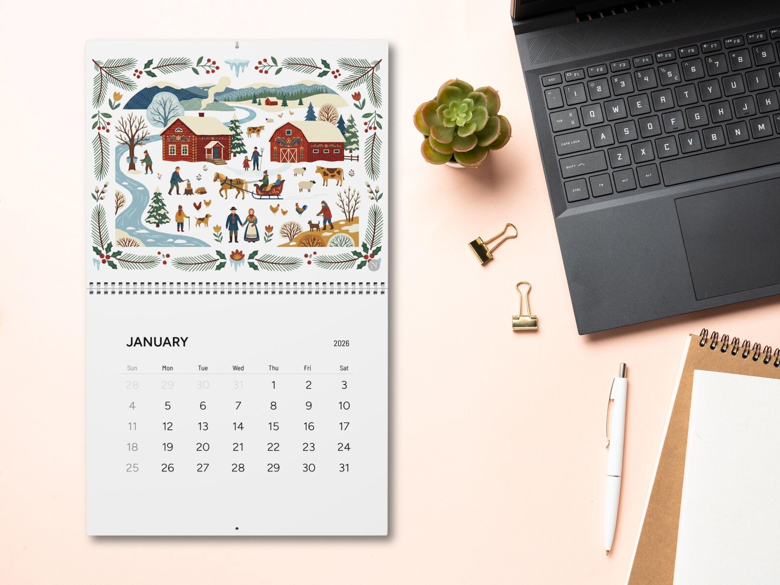 2026 Wall Calendar Folk Art Scandinavian Farm Life, Nordic Swedish Folk ...