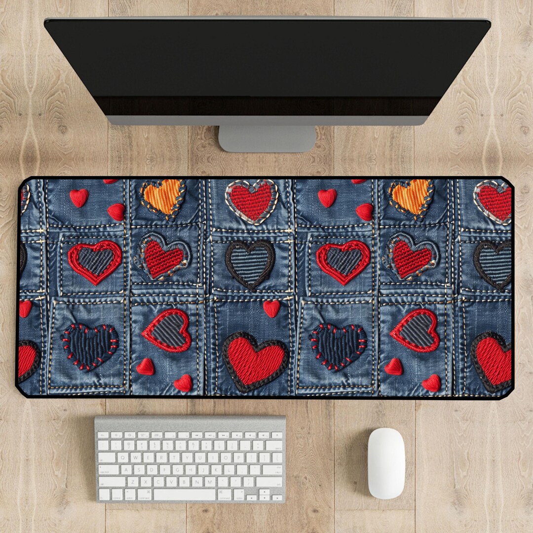 Denim Patchwork Desk Pad Embroidery Heart Mouse Pad Rustic Quilt Desk ...