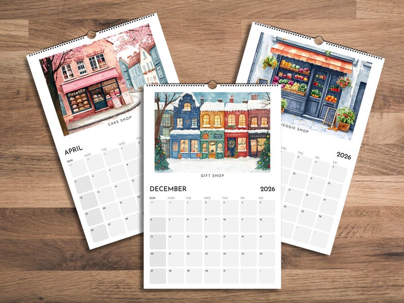 2026 Wall Calendar, Cute Storefronts & Shops, Watercolor Window ...