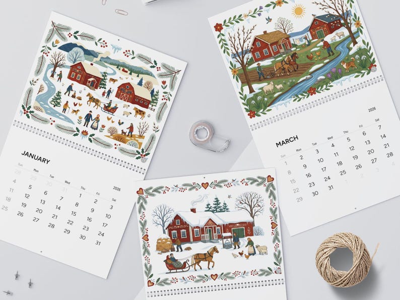 2026 Wall Calendar Folk Art Scandinavian Farm Life, Nordic Swedish Folk ...