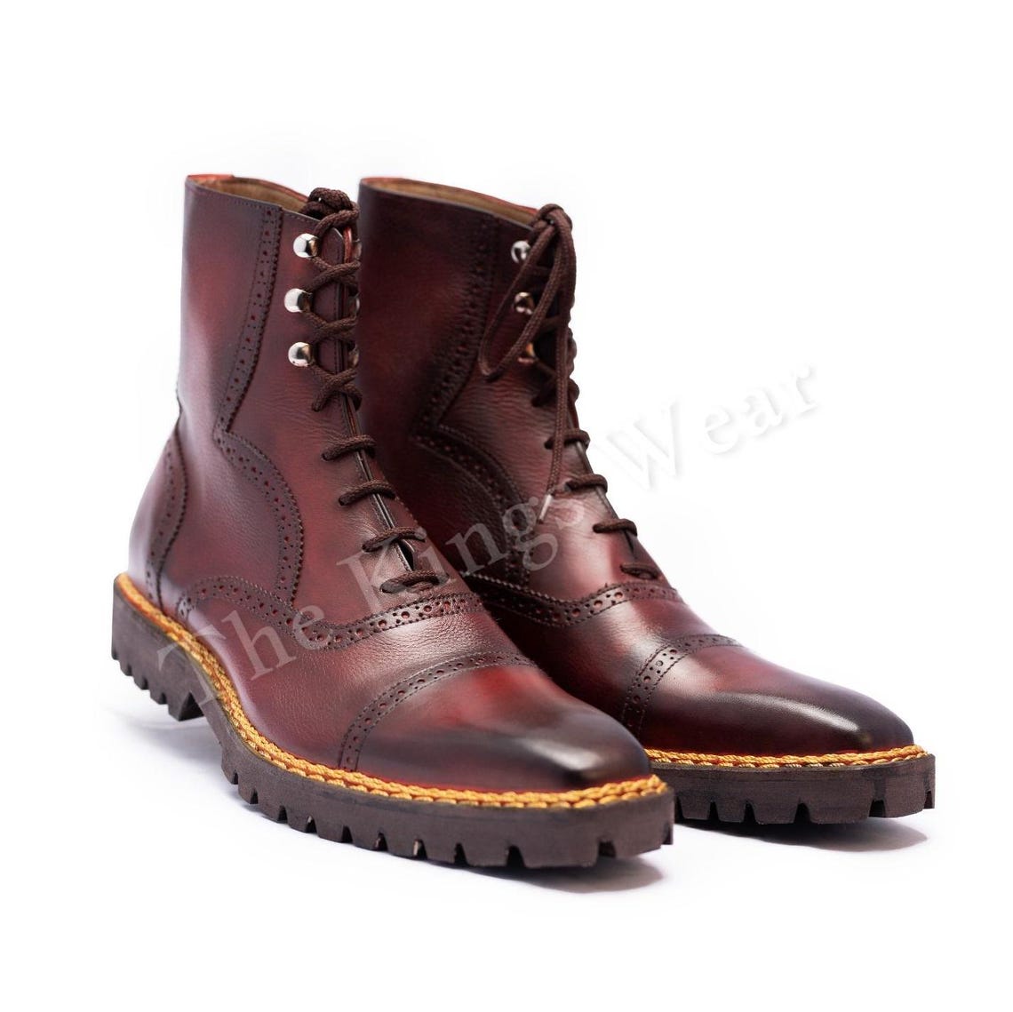 Men's Handmade Burgundy Leather Two Tone Boots, Men's Oxford Brogue Toe ...