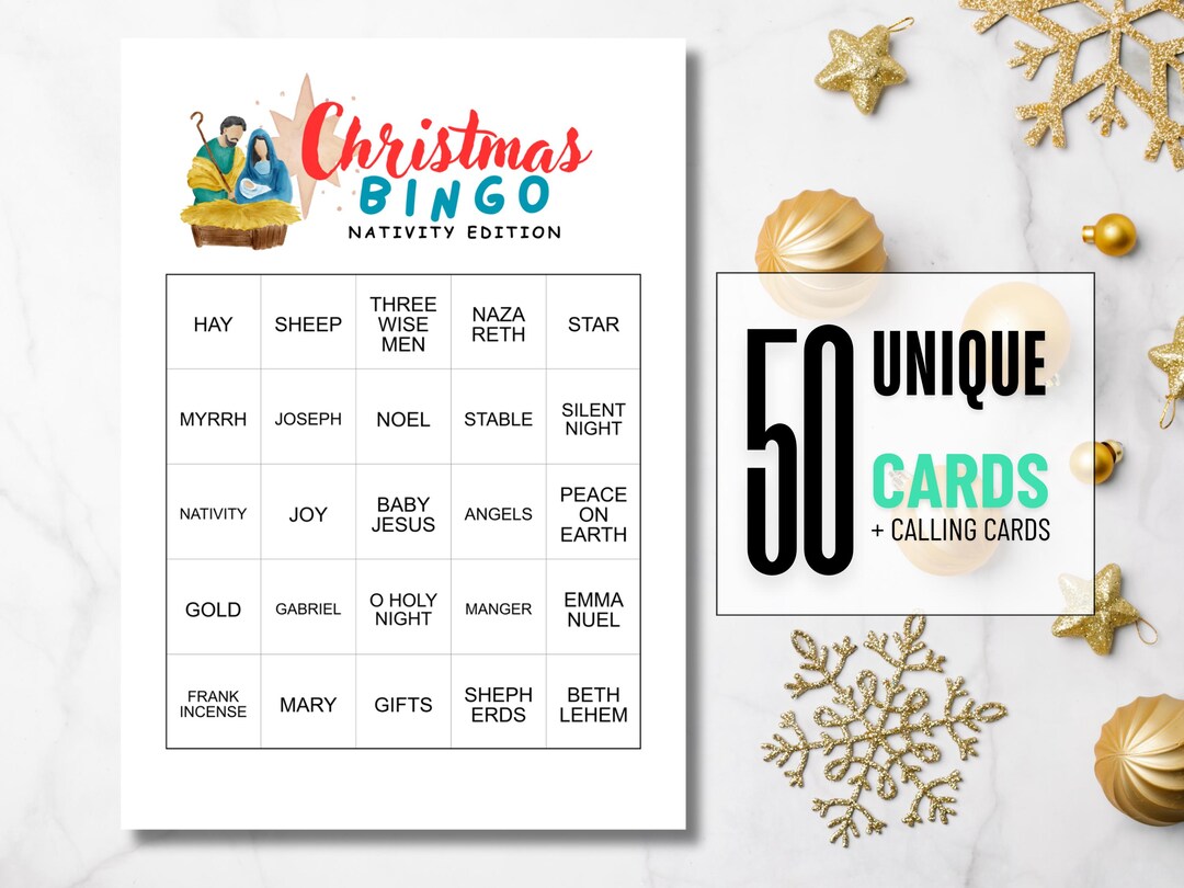 50 Christmas Nativity Bingo Cards, Christmas Simple Bingo Game, Fun ...
