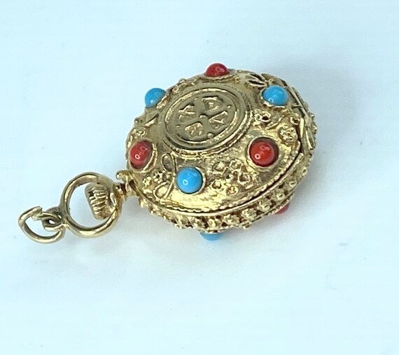 Vintage Coral Turquoise Pocket watch style locket pen… - Gem