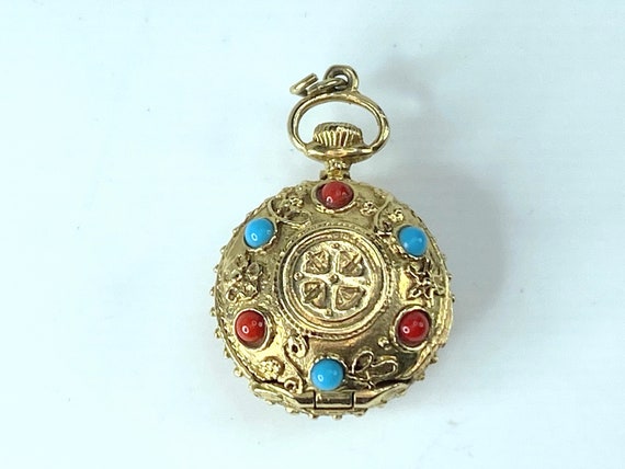 Vintage Coral Turquoise Pocket watch style locket pen… - Gem