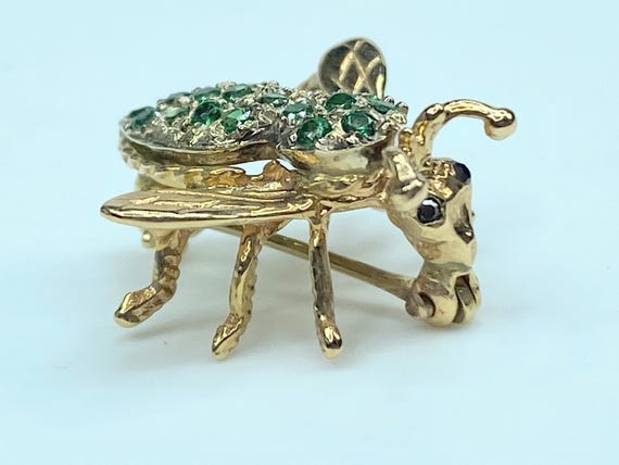 Emerald Diamond eyes Bumble Bee Brooch Pin 14KT yello… - Gem