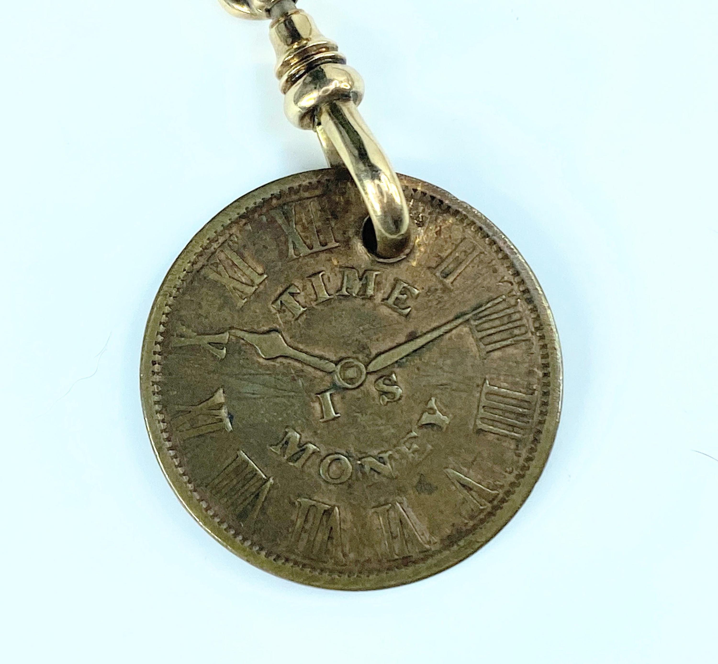 Antique 14K Texture Pocket Watch Chain & 1837 hard Times Token 44.3g ...