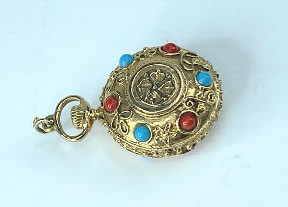 Vintage Coral Turquoise Pocket watch style locket pen… - Gem