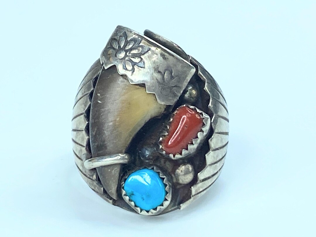 Native American "toadlena" Turquoise & Coral Old Pawn Ring JR8962 - Etsy