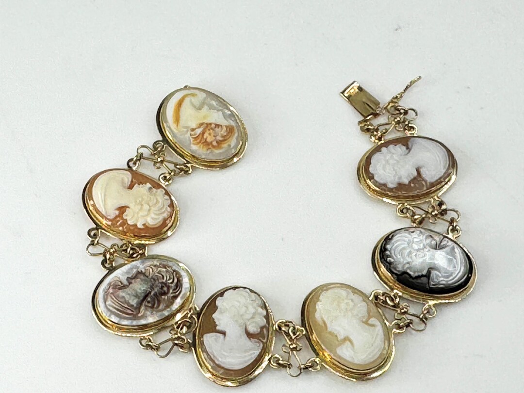 Mid Century 14K Gold Shell & MOP Cameo Link Bracelet 16.3g 6.75 JR9458 ...