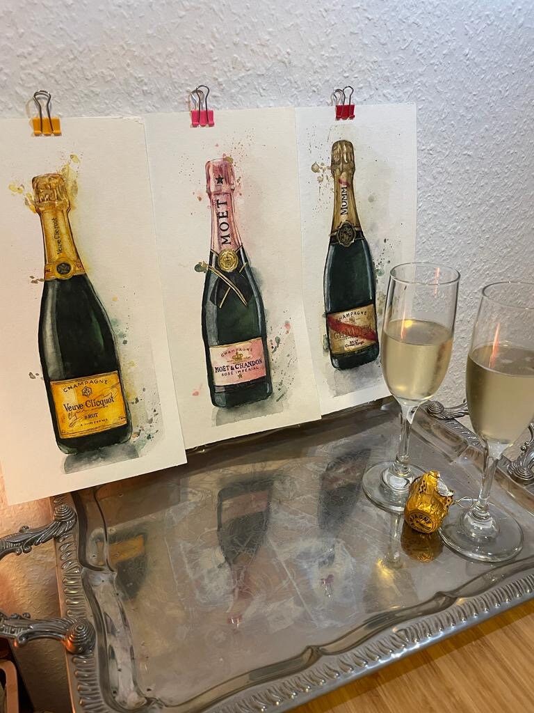 Champagne Pop Art Prints: Watercolor Set, Gold Embellished - Etsy UK