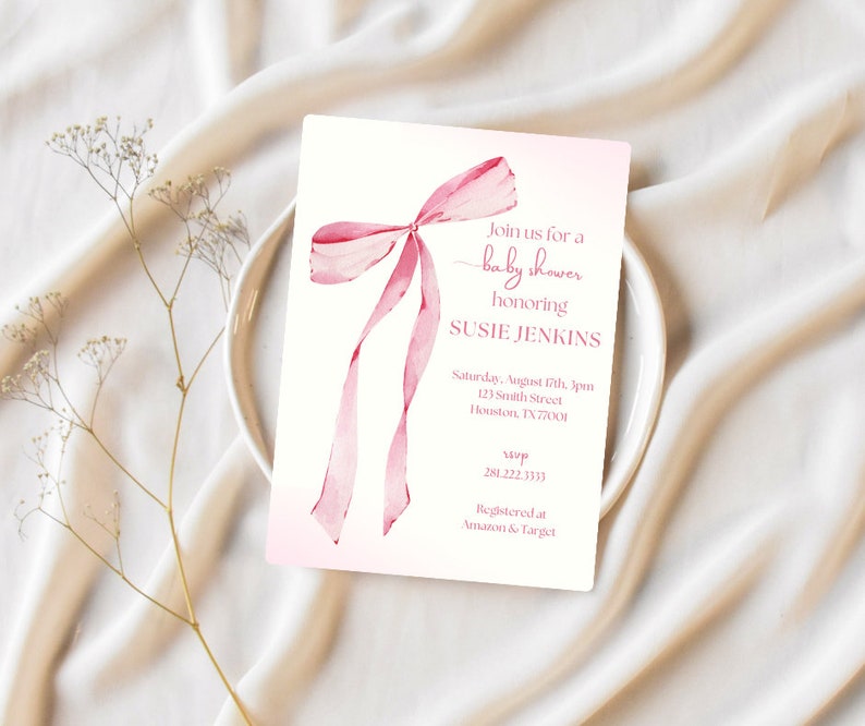 EDITABLE Pink Bow Invitation for Baby Shower, Minimalist Baby Shower ...