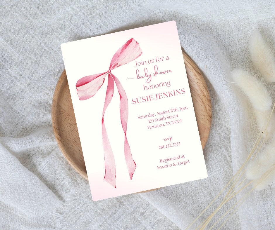 EDITABLE Pink Bow Invitation for Baby Shower, Minimalist Baby Shower ...