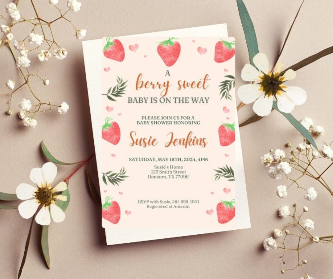 EDITABLE A Berry Sweet Baby is on the Way Baby Shower Invitation Pink ...