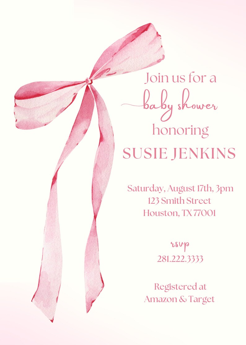 EDITABLE Pink Bow Invitation for Baby Shower, Minimalist Baby Shower ...