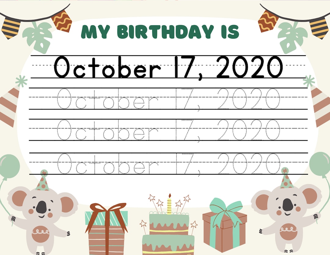 Birthday Tracing Custom Worksheet With Koala/ Personalized Birthdate ...