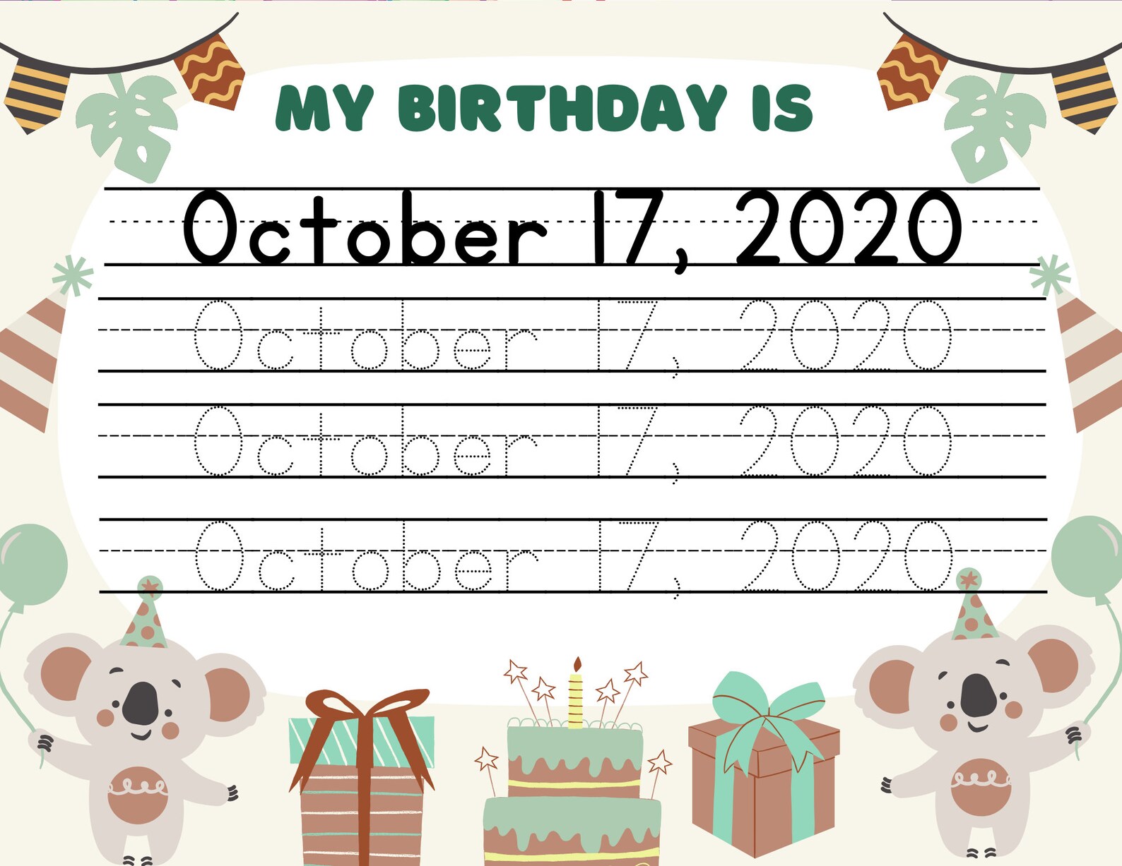 Funny Colorful Birthday Tracing Custom Worksheet With Koala/ Groovy ...