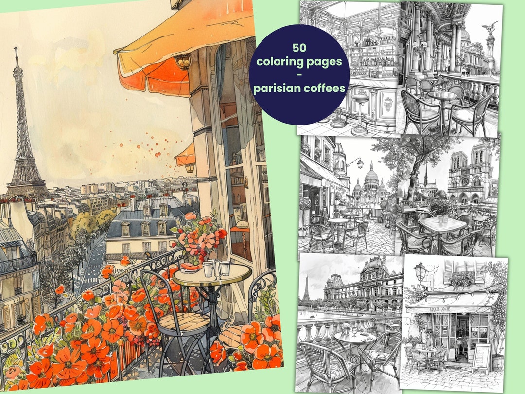 50 Coloring Pages of Parisian Cafes, Coloring Book About Vintage ...