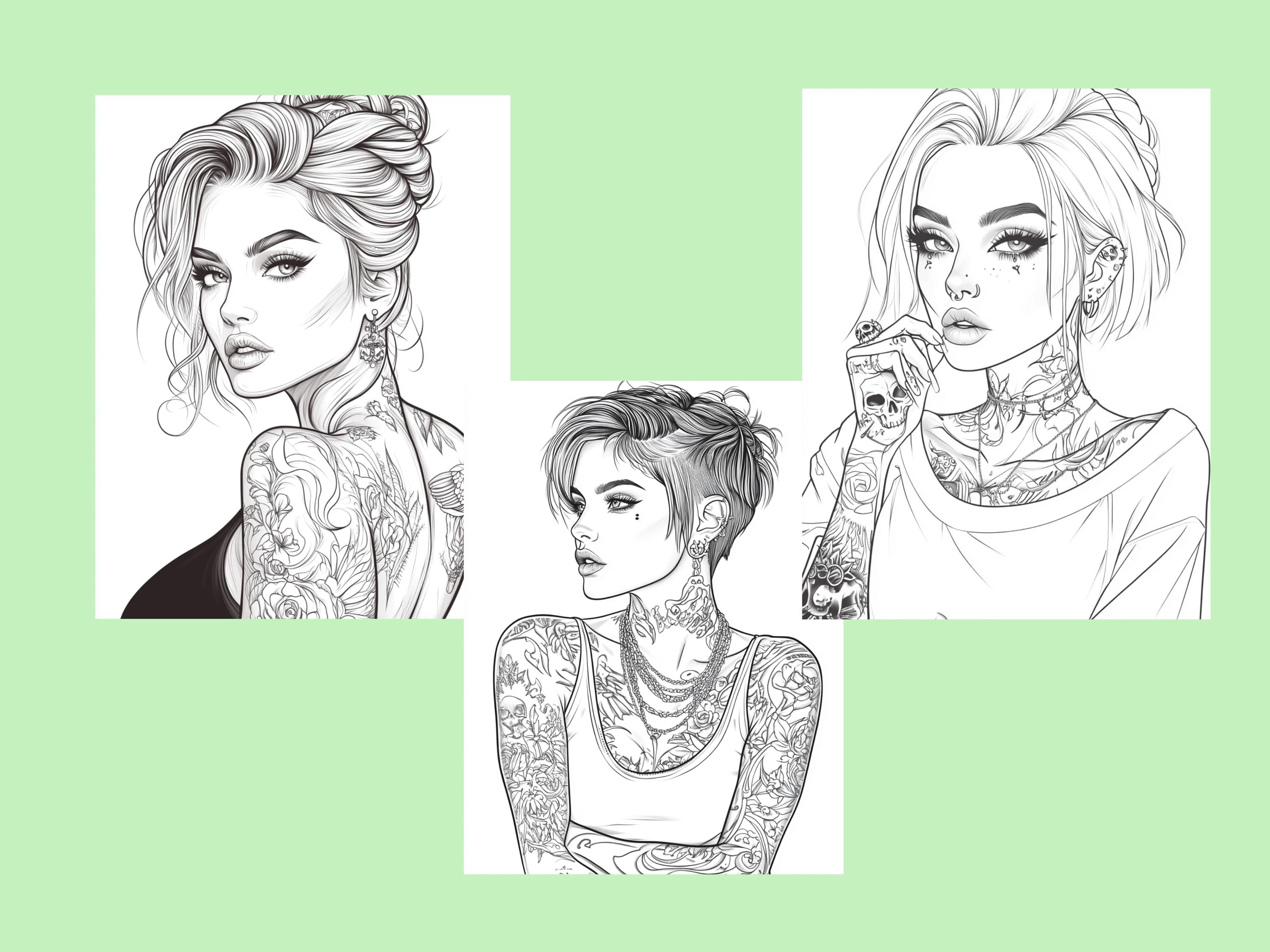 50 Coloring Pages of Portraits of Tattooed Girls, Tattoos Coloring Book ...