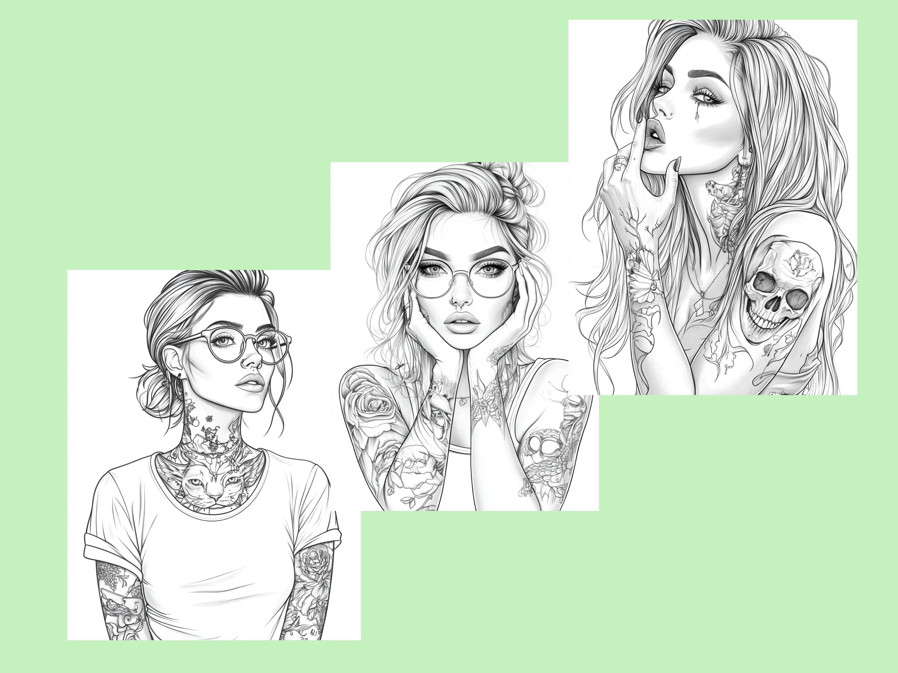 50 Coloring Pages of Portraits of Tattooed Girls, Tattoos Coloring Book ...