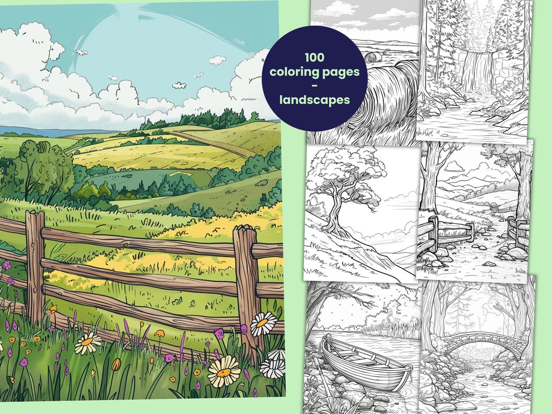 100 Landscape Coloring Pages, Nature Coloring Book for Children and ...