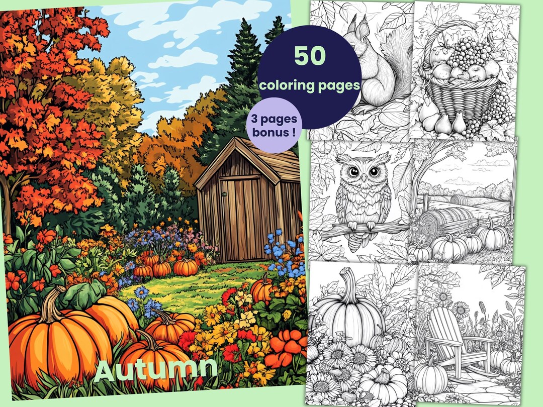 50 Fall Coloring Pages, Autumn Scenes Coloring Book for Adults and Kids ...