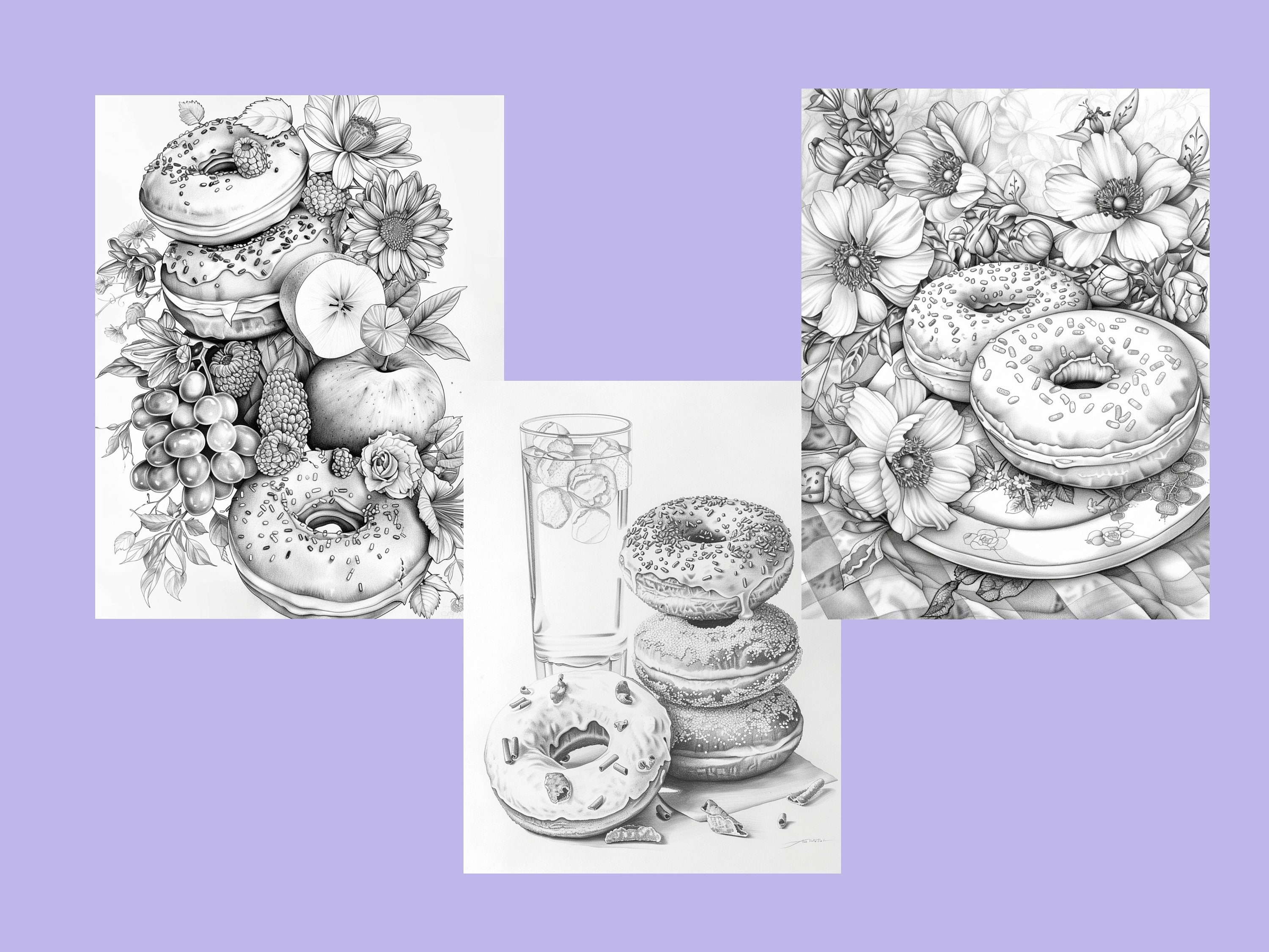 50 Donut Coloring Pages, Dessert Coloring, Coloring Book for Adults and ...