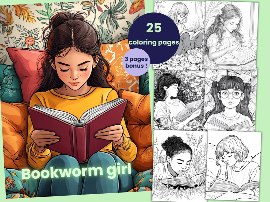 25 Bookworm Girl Coloring Pages, Girls Coloring Book for Adults and ...