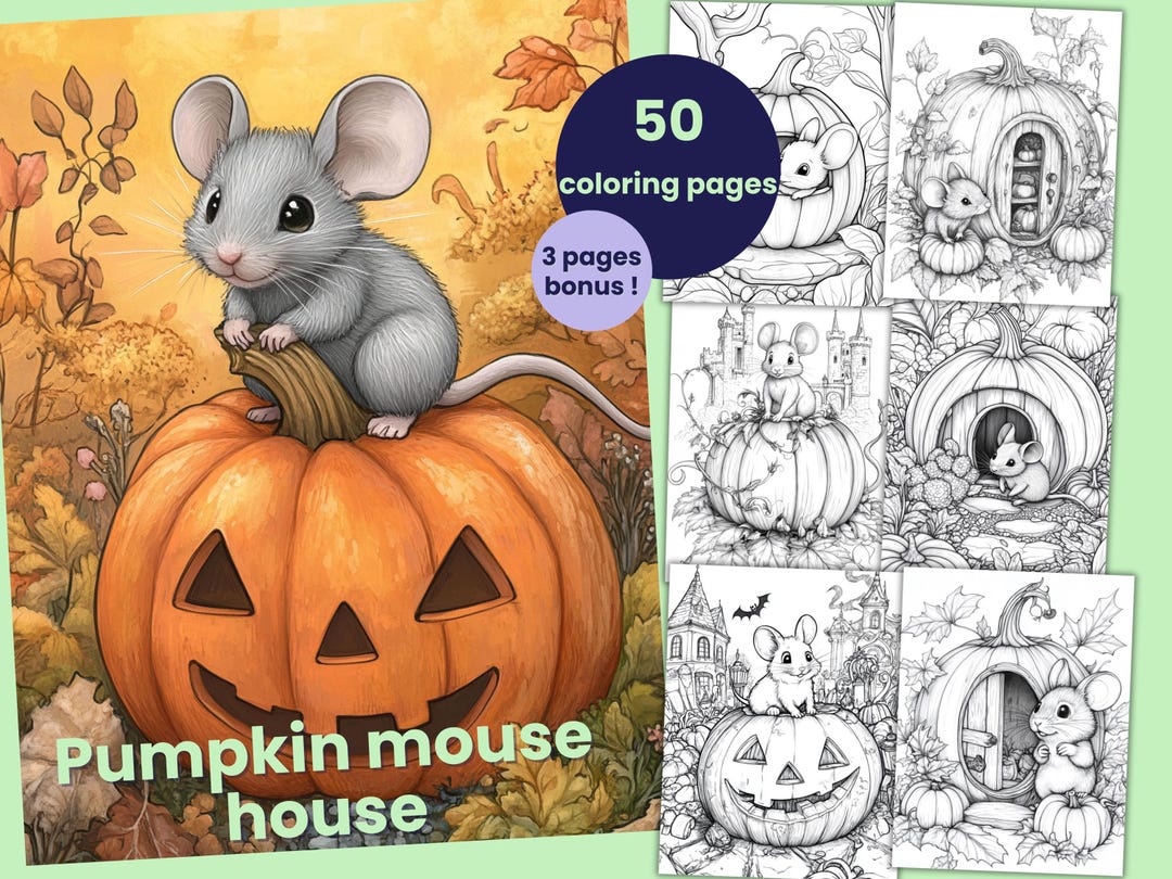 50 Coloring Pages of a Mouse Pumpkin House, Fall Coloring Book for ...