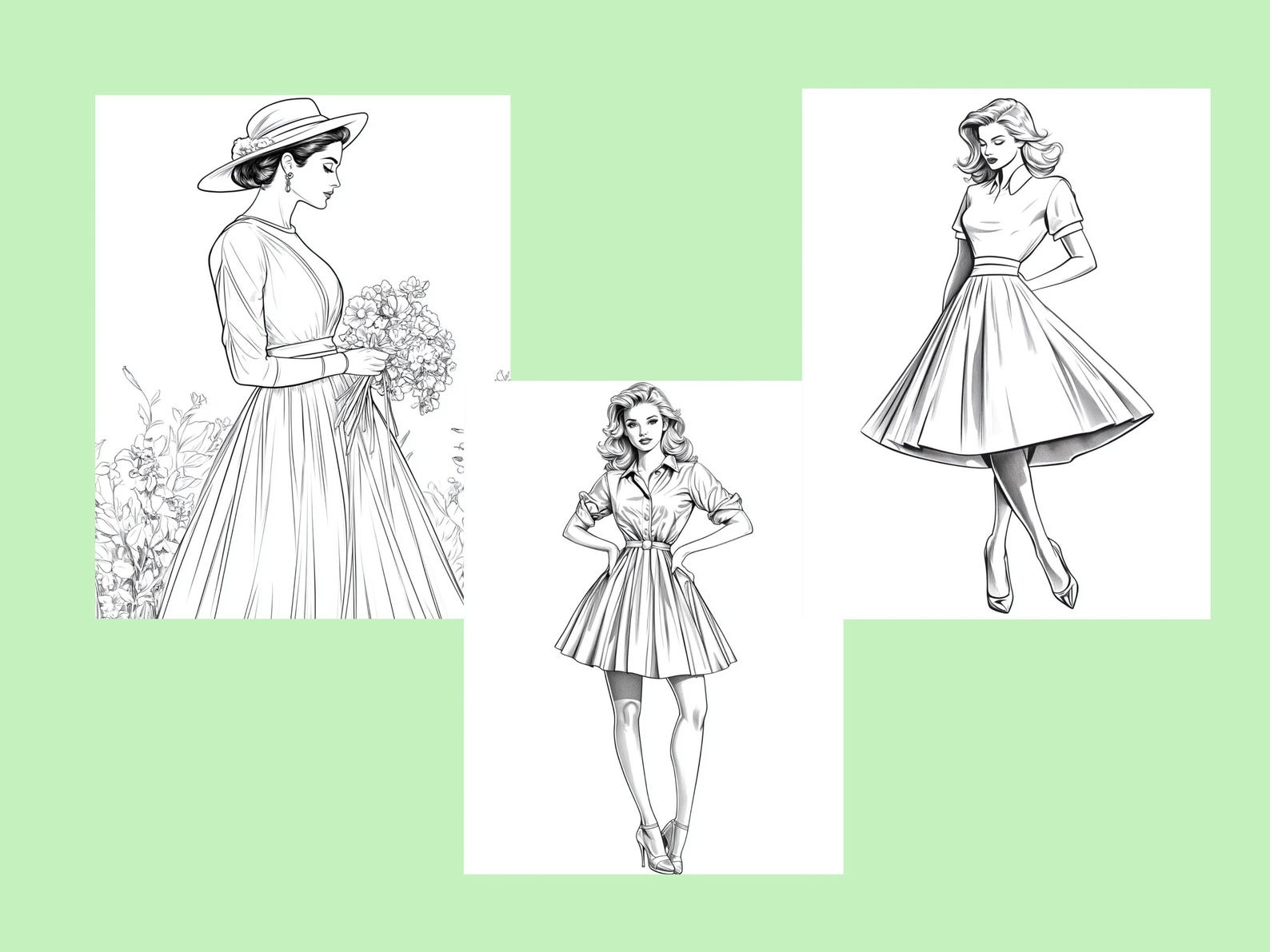 50 50s Fashion Coloring Pages, Vintage Fashion Coloring Book for Adults ...