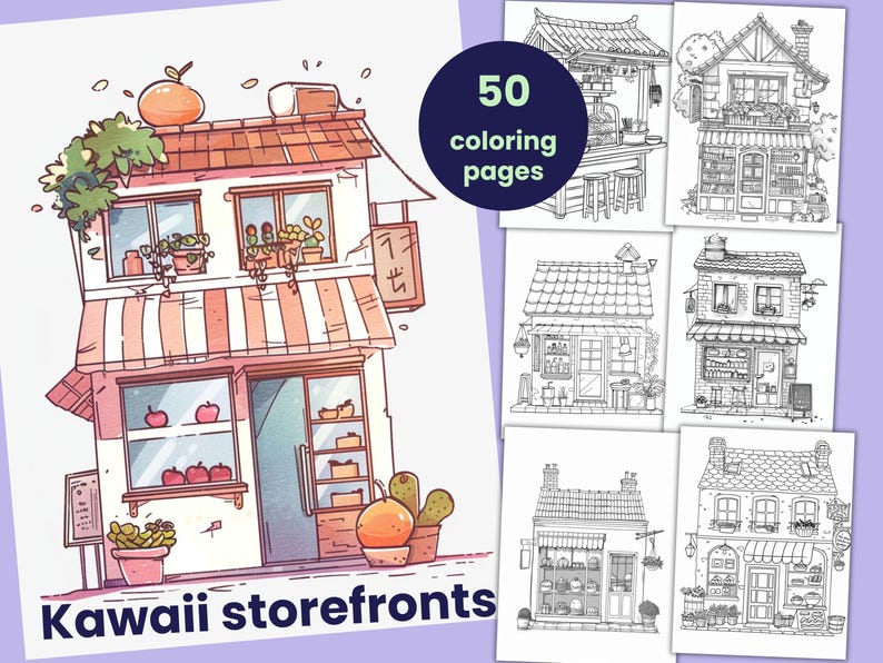 50 Kawaii Shop Window Coloring Pages, Coloring Book for Adults and Kids ...