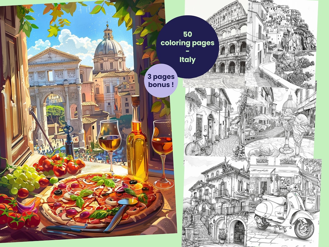 50 Coloring Pages of Italy, Rome, Venice and Milan, Italian Food and ...