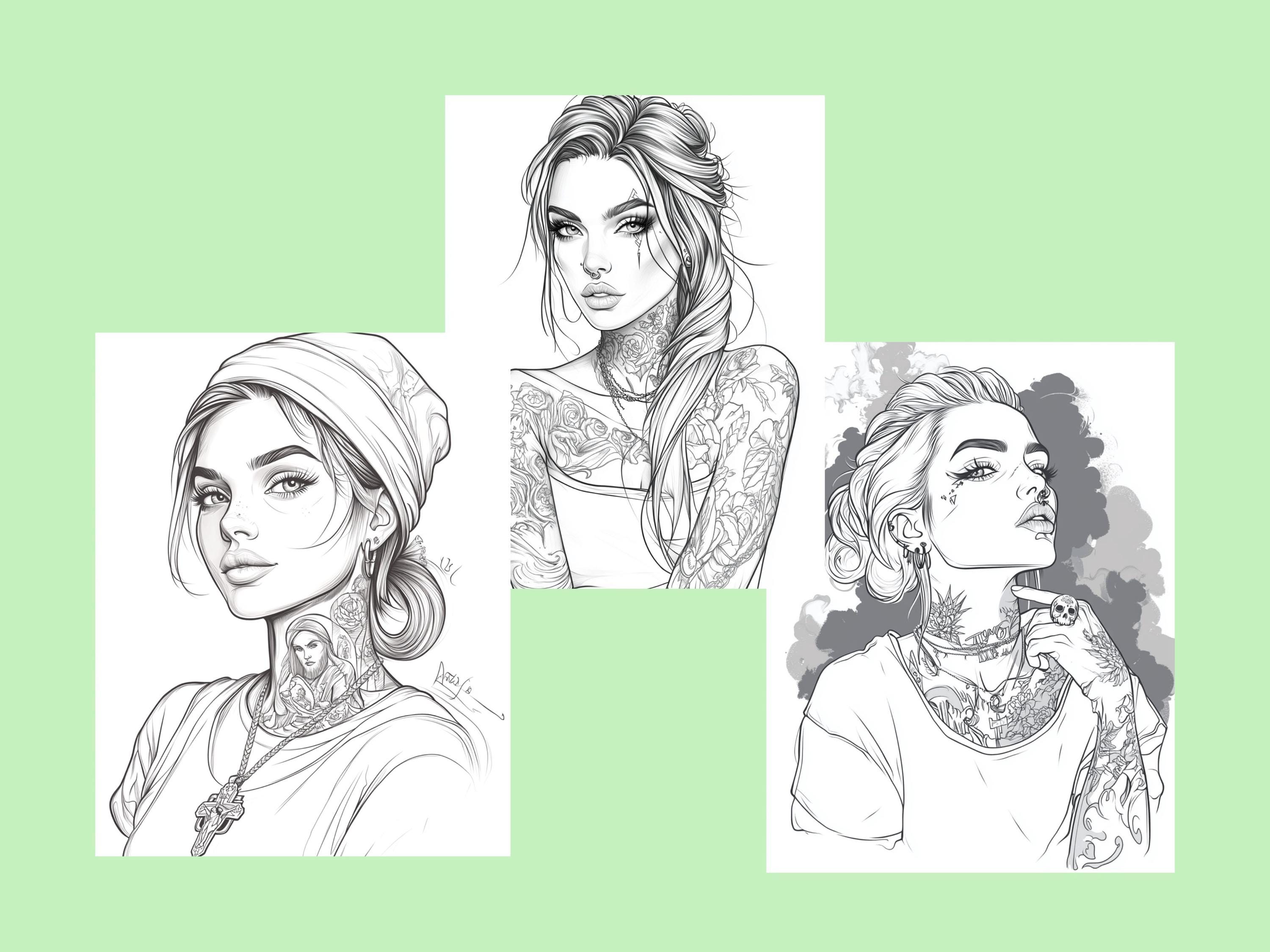 50 Coloring Pages of Portraits of Tattooed Girls, Tattoos Coloring Book ...