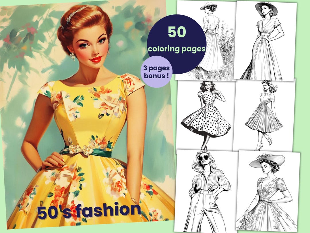 50 50s Fashion Coloring Pages, Vintage Fashion Coloring Book for Adults ...