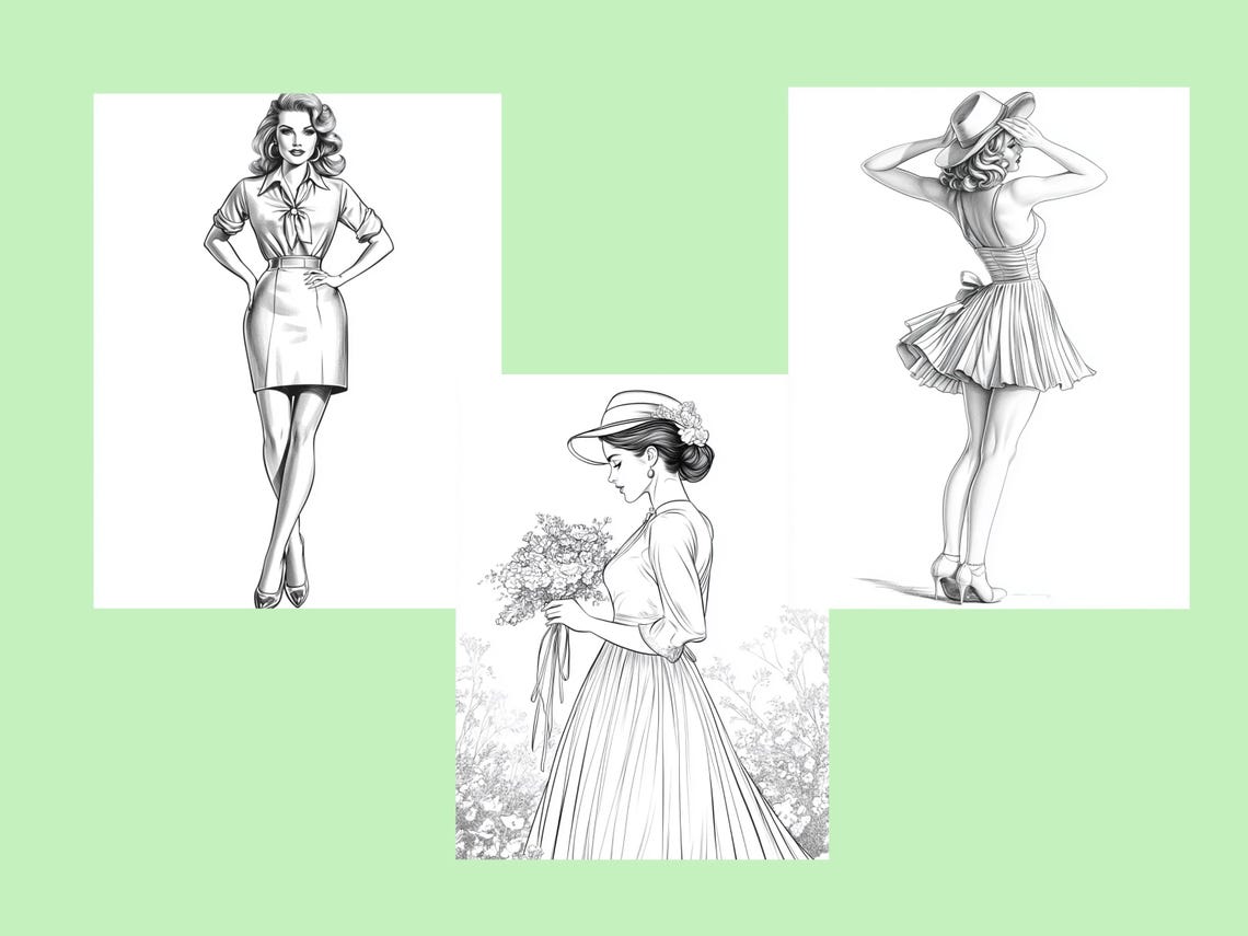 50 50s Fashion Coloring Pages, Vintage Fashion Coloring Book for Adults ...